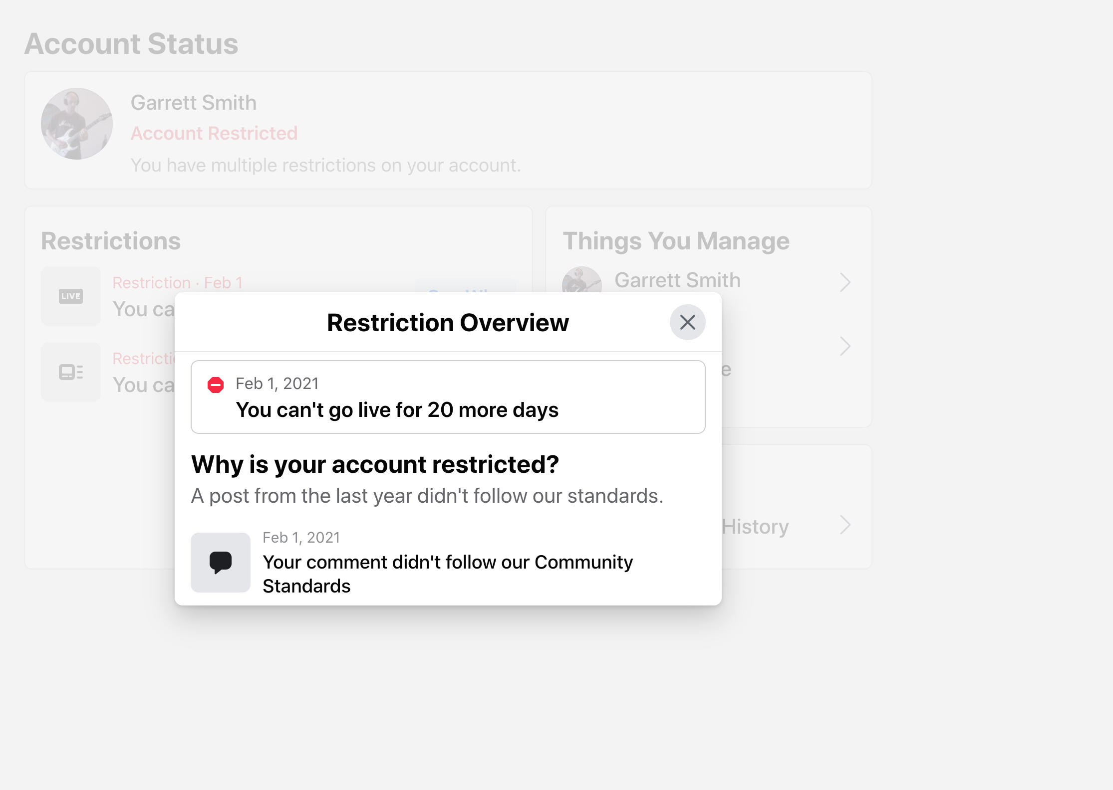 April 12, 2021, Facebook Retroactive Account Restriction From Feb 01 ...
